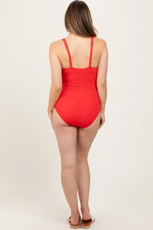 PINKBLUSH Ribbed Split Neckline Maternity Swimsuit - Red