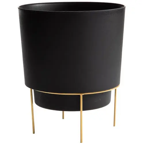 BLOEM 6 Inch Hopson Round Planter With Gold Metal Stand - Black