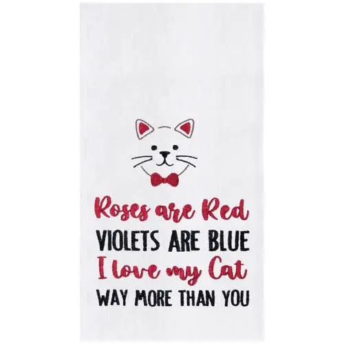 C&F HOME I Love My Cat" Whiskers Embroide 100% Cotton Flour Sack Valentine's Day Dishtowel - Red