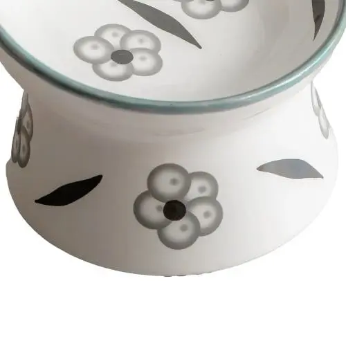 DEXYPAWS Elevated Ceramic Cat Bowl, Floral White & Black, 7oz