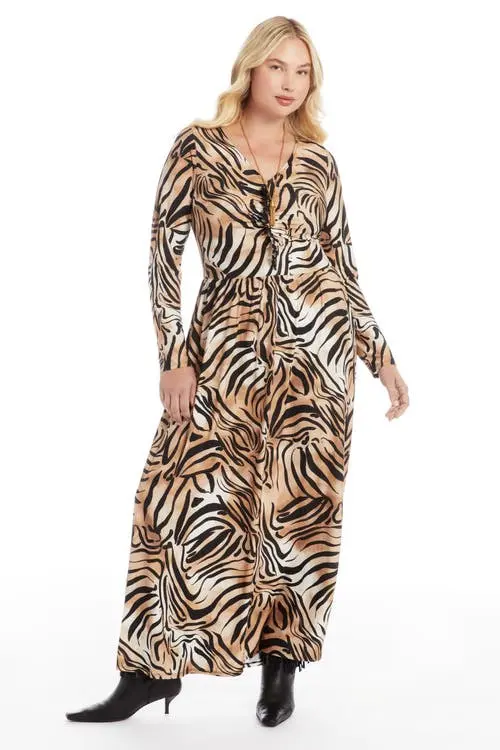 JUNE + VIE Animal Print V-neck Maxi Dress - Moving Zebra