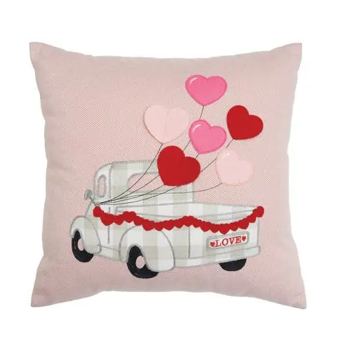 C&F HOME Heart Balloons Love Truck Embroidered Valentine's Day Accent Throw Pillow 18" X 18 - Pink