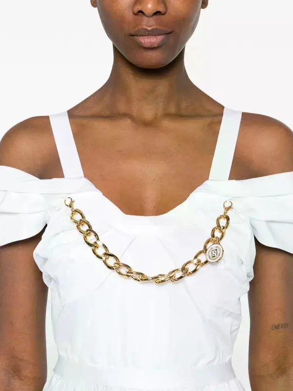 Elisabetta Franchi Stretch Cotton Dress With Jewel Chain Detail - White