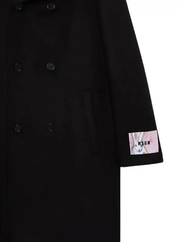 MSGM Double-breasted Coat With Logo Patch - Black