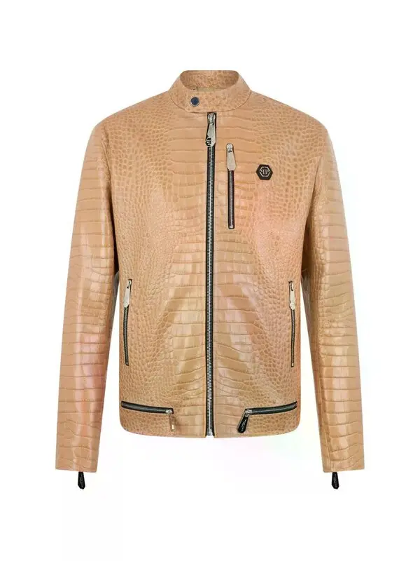 Philipp Plein Croco Print Biker Jacket - Neutrals
