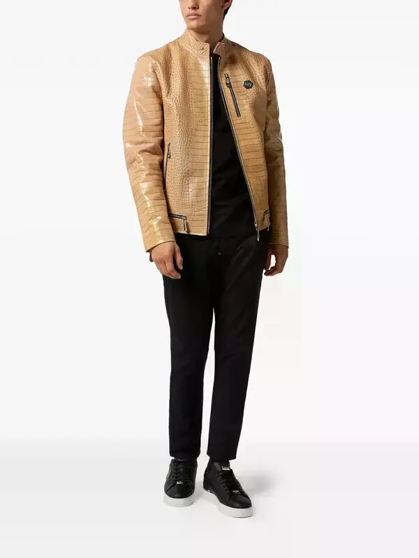 Philipp Plein Croco Print Biker Jacket - Neutrals
