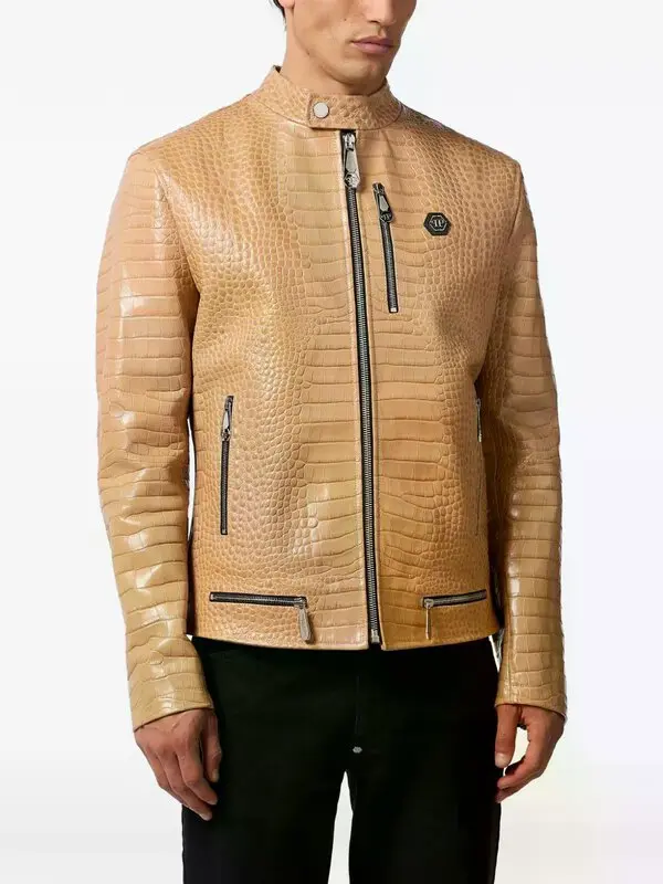 Philipp Plein Croco Print Biker Jacket - Neutrals