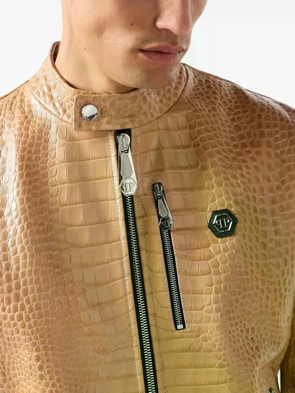Philipp Plein Croco Print Biker Jacket - Neutrals