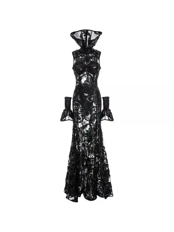 MITILIANE COUTURE Orchid-embroidered Maxi Dress - Black