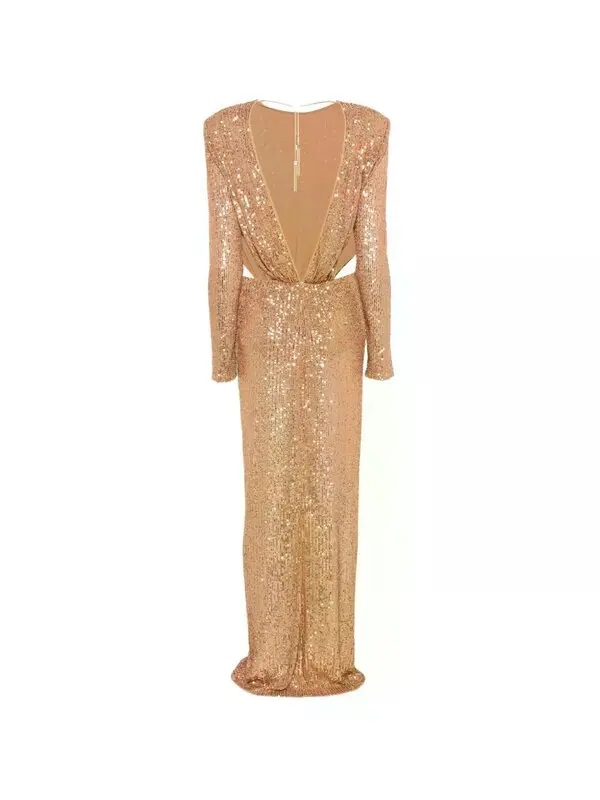 valentina gold sequin long sleeve maxi dress Elisabetta Franchi Sequined Cut-Out In Neutrals - 48% Off Main Fabric Content:50% POLYESTER