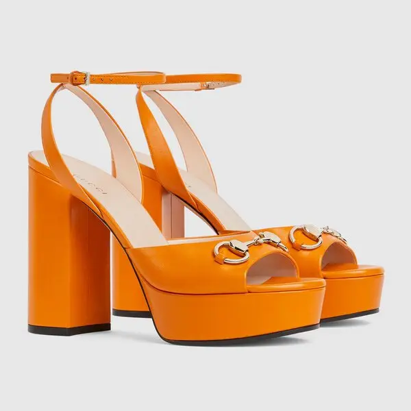 Gucci Horsebit Leather Platform Sandals - Orange