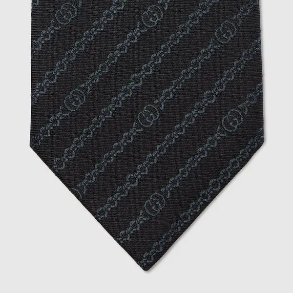 Gucci Interlocking G Chain Silk Tie - Black