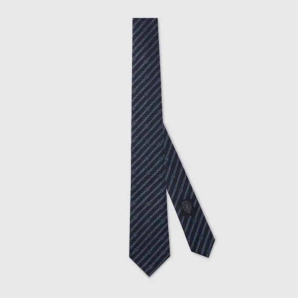 Gucci Interlocking G Chain Silk Neck Tie - Blue