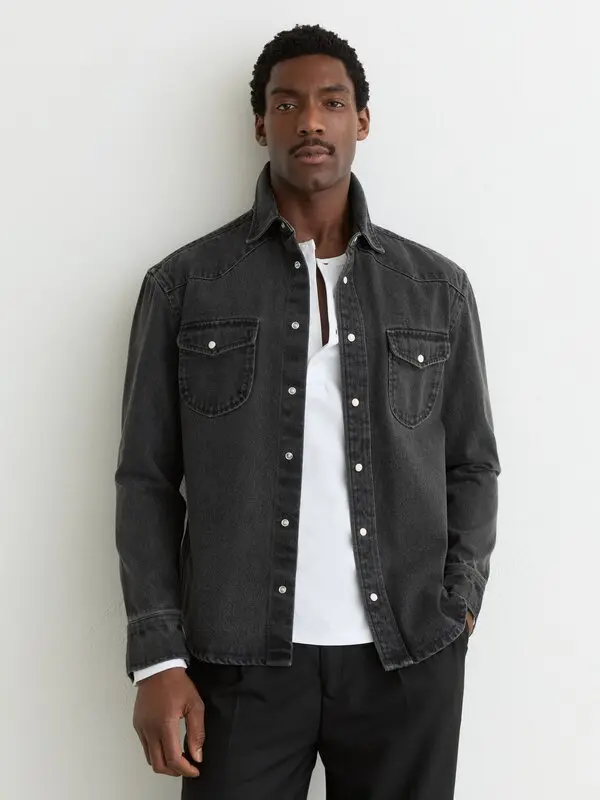 REISS Finley Washed Denim Western Overshirt - Washed Black