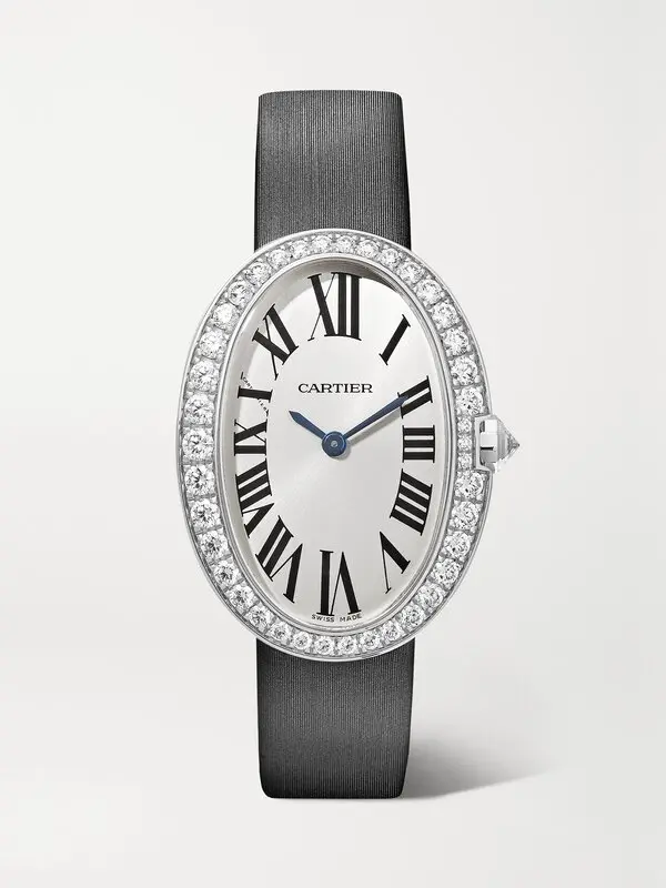 Cartier Baignoire 24.5mm Small 18-karat White Gold, Toile Brossée And Diamond Watch - Silver