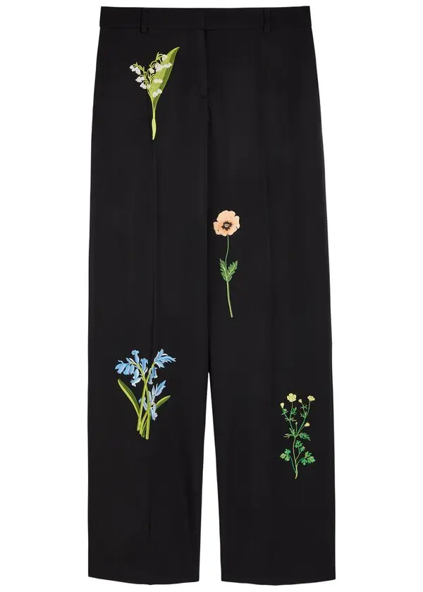 Stella McCartney Floral-embroidered Straight-leg Trousers - Black