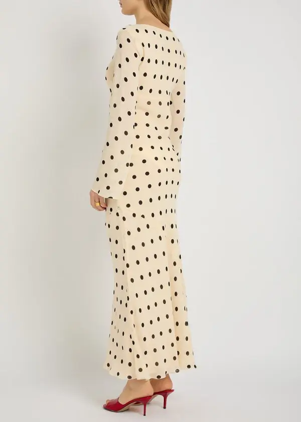 white polka dot chiffon dress White Polka Dots Ruched Chiffon Crew Neck Sleeveless A-Line Maxi Dress