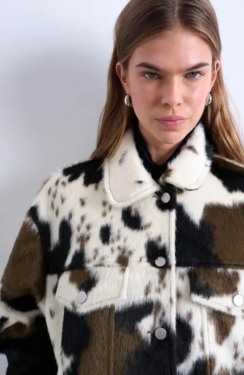 Topshop Cow Print Faux Fur Trucker Jacket - Black
