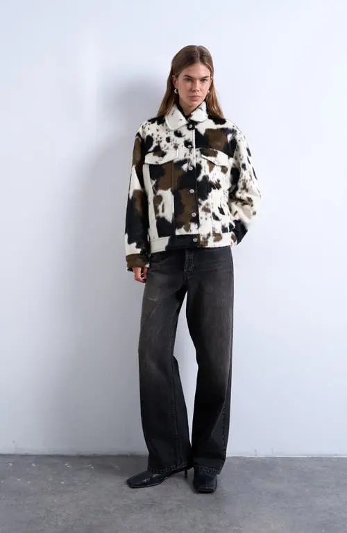 Topshop Cow Print Faux Fur Trucker Jacket - Black