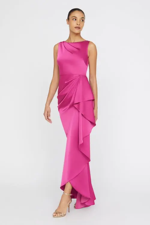 Theia Harper Draped Wrap Bateau Neck Satin Gown