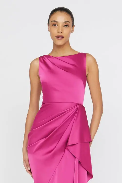 Theia Harper Draped Wrap Bateau Neck Satin Gown