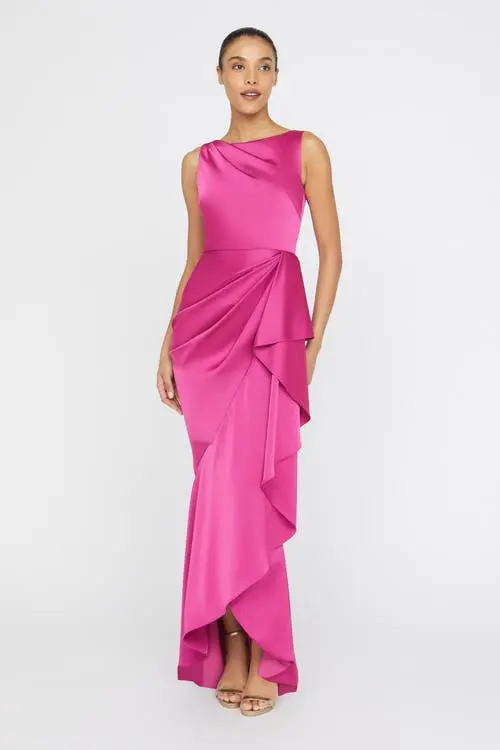 Theia Harper Draped Wrap Bateau Neck Satin Gown