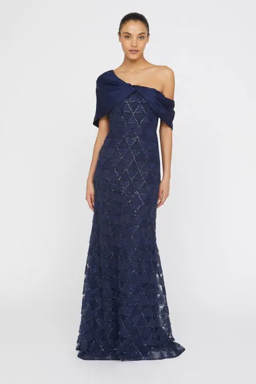 Theia Anabella Textured Tulle Asymmetric Neck Satin Fit And Flare Gown - Navy