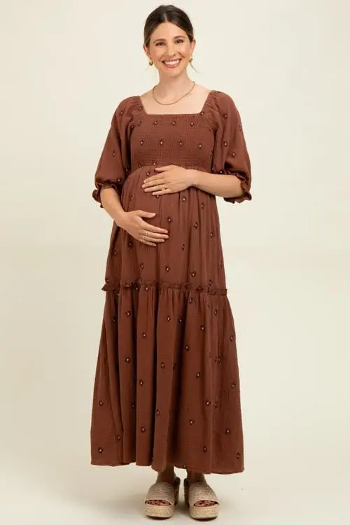 PINKBLUSH Floral Smocked Puff Sleeve Maxi Dress - Brown