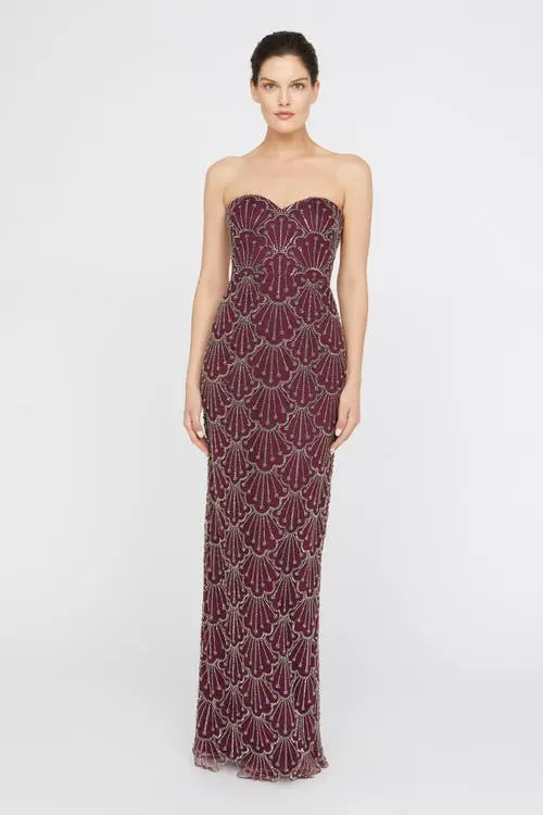 Theia Strapless Beaded Mesh Column Gown - Oxblood