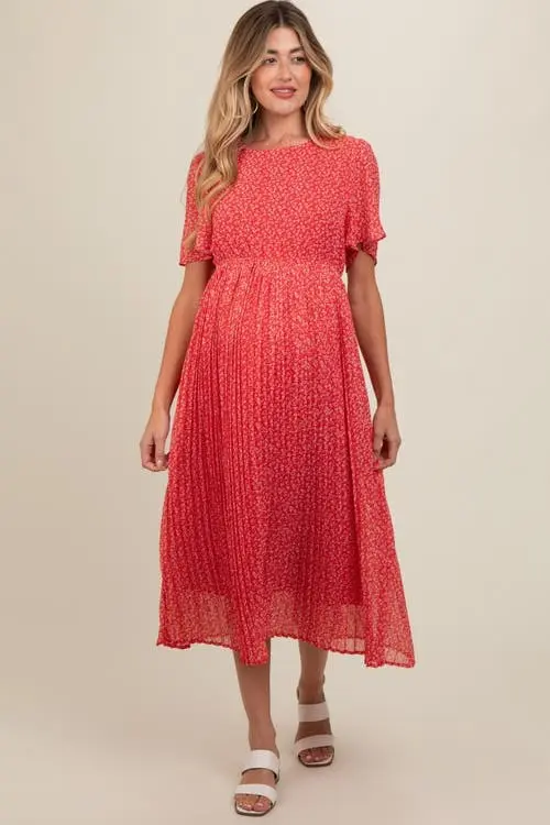 PINKBLUSH Floral Pleated Maternity Midi Dress