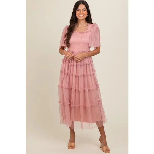 PINKBLUSH Ruffled Mesh Maternity Maxi Dress - Pink
