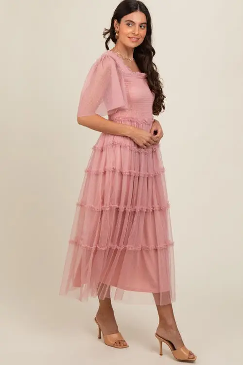 PINKBLUSH Ruffled Mesh Maternity Maxi Dress