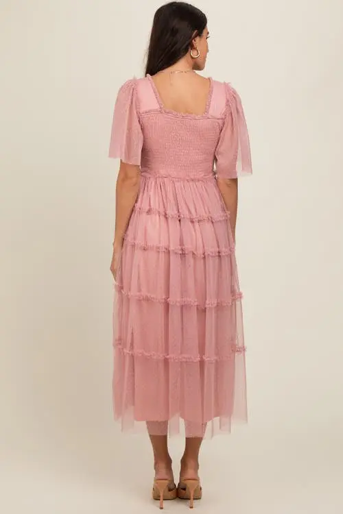 PINKBLUSH Ruffled Mesh Maternity Maxi Dress