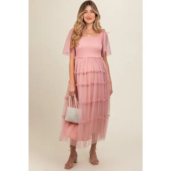 PINKBLUSH Ruffled Mesh Maternity Maxi Dress - Pink