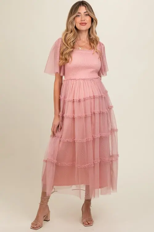 PINKBLUSH Ruffled Mesh Maternity Maxi Dress