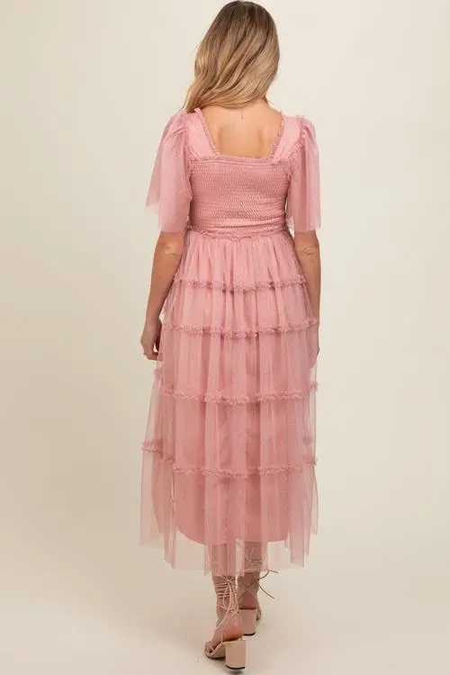 PINKBLUSH Ruffled Mesh Maternity Maxi Dress