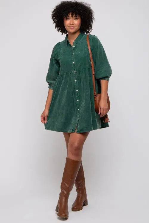 PINKBLUSH Corduroy Button-down Collared Shirt Dress - Green