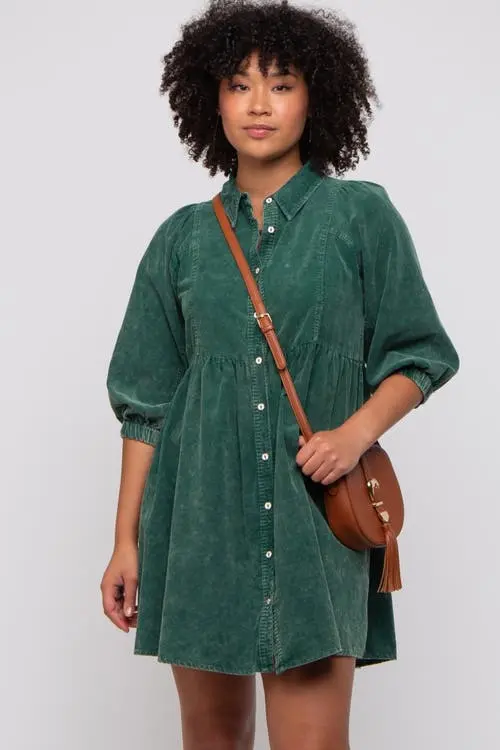 PINKBLUSH Corduroy Button-down Collared Shirt Dress