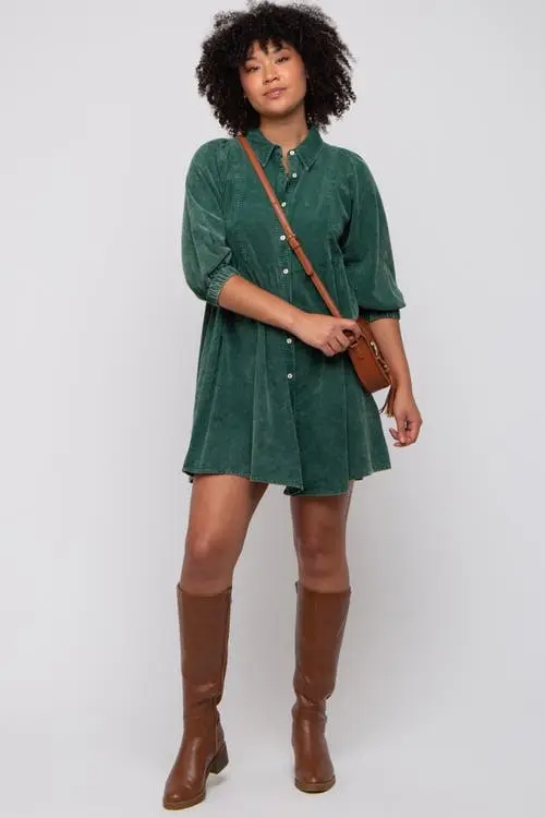 PINKBLUSH Corduroy Button-down Collared Shirt Dress