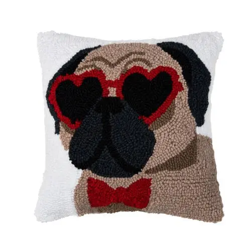C&F HOME Pugs & Kisses" Dog Puppy Mini Hooked Valentine's Day Accent Pillow 12" X 12 - White