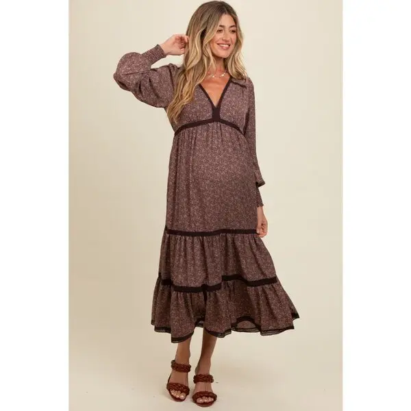 PINKBLUSH Floral Lace Trim Bubble Sleeve Maxi Dress - Brown