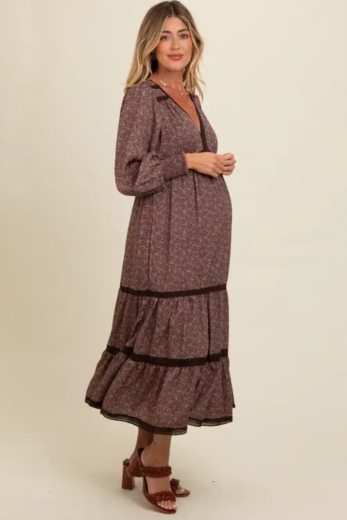 PINKBLUSH Floral Lace Trim Bubble Sleeve Maxi Dress