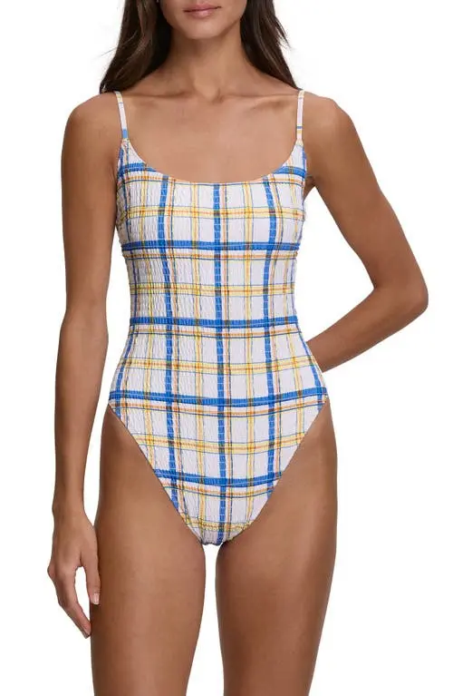 Polo Ralph Lauren Kennedy Smocked Plaid One-piece Swimsuit - White/blue Multi