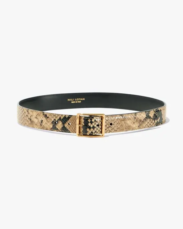 NILI LOTAN Printed Leather Belt - Taupe Snakeskin W/ Gold Buckle