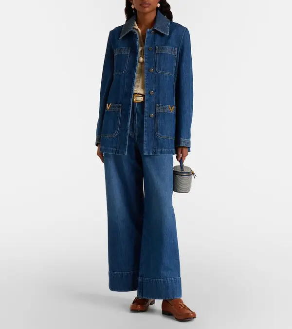 Valentino Garavani Leather-trimmed Wide-leg Jeans - Blue