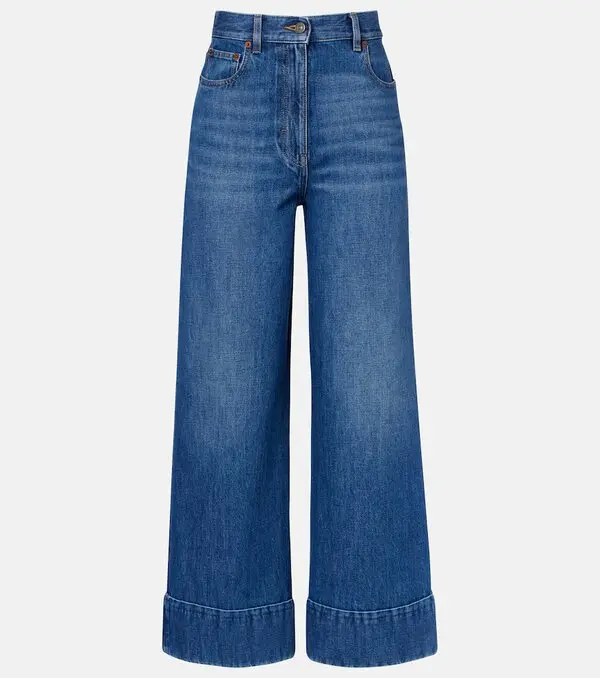 Valentino Garavani Leather-trimmed Wide-leg Jeans - Blue