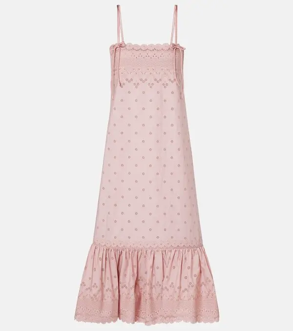 Valentino Garavani Broderie Anglaise Silk-trimmed Cotton Midi Dress - Pink