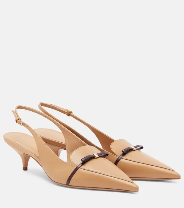 FERRAGAMO Bow-detail Leather Slingback Pumps - Beige