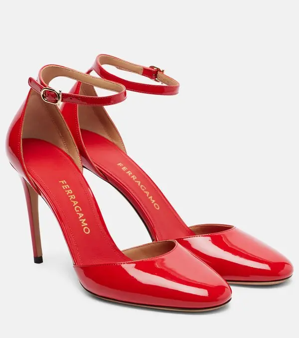 FERRAGAMO Patent Leather Ankle Strap Pumps - Red