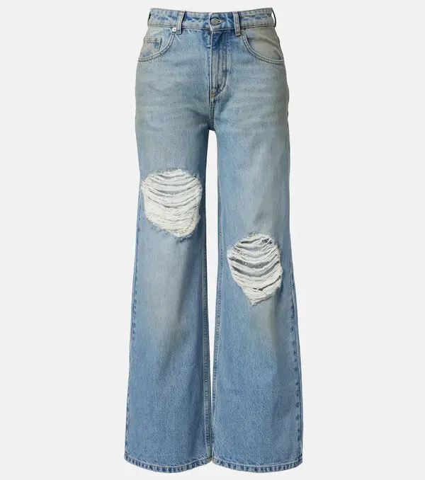AREA Distressed Embellished Wide-leg Jeans - Blue